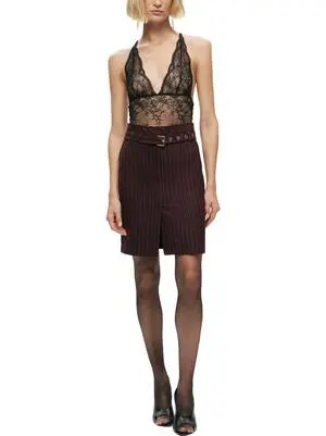 NOCTURNE Pinstripe Belted Pencil Skirt - Burgundy