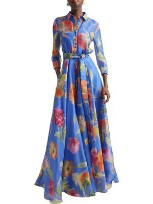 Carolina Herrera Poppy Print Belted Silk Organza Gown - Bluebell Multi