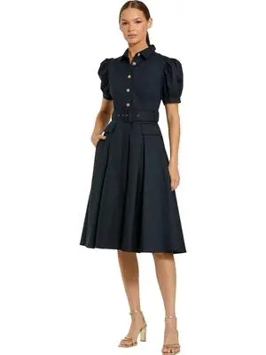 Mac Duggal Puff Sleeve Belted Midi Shirt Dress - Navy