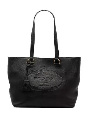 Prada 2000-2013 Vitello Daino Embossed Logo Tote Bag - Black
