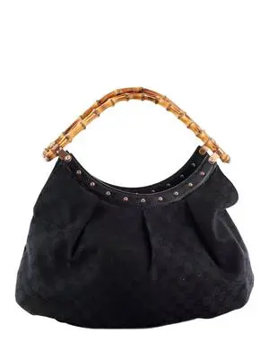 Gucci Vintage Bamboo Gg Canvas Large Hobo Bag - Black