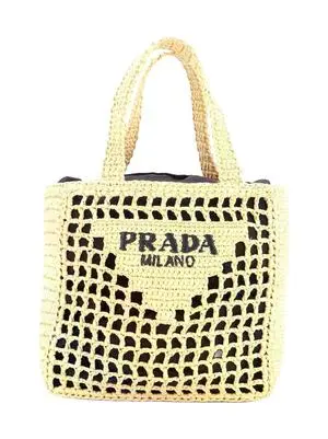 Prada Triangle Logo Open Raffia Small Tote Bag - Neutrals