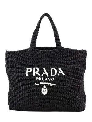 Prada Logo Raffia Large Tote Bag - Black