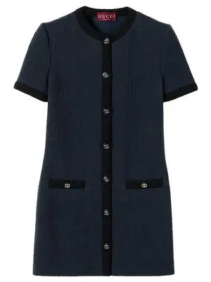 Gucci Wool Textured Tweed Dress With Interlocking G Buttons - Blue