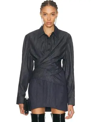 MUGLER Long Sleeve Wrap Top - Raw Blue