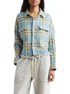 R13 Plaid Crop Work Shirt - Light Blue Plaid