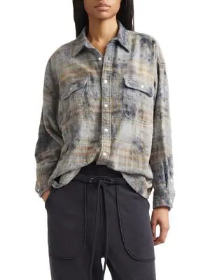 R13 Plaid Cotton Button-up Boyfriend Shirt - Overdyed Light Blue Plaid