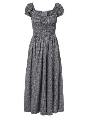 DÔEN Quinley Gathered Gingham Cotton Midi Dress - Blue