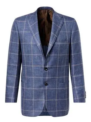 Kiton Checked Cashmere, Wool, Silk, And Linen Blazer - Blue