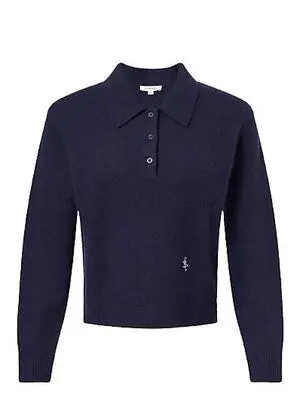 SPORTY & RICH Embroidered Logo Cashmere-and-wool Polo Jumper - Dark Navy