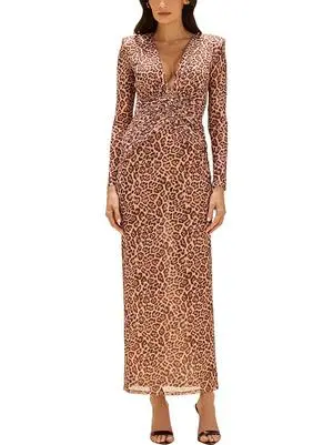 PatBO Panthera Ruched Leopard Print Tulle Maxi Dress - Brown