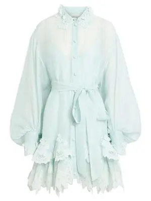 Zimmermann Lace-trimmed Linen And Silk-blend Gauze Mini Shirt Dress - Mint