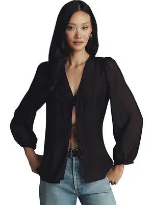 LISA SAYS GAH Meera Long-sleeve Front-tie Blouse - Black