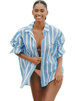 NAU BIKINIS Striped Oxford Shirt - Ocean/white