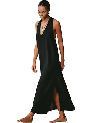 Sanctuary V-neck Twist Cotton Linen Maxi Dress - Black