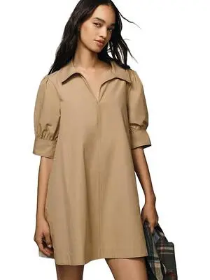 Maeve Puff-sleeve Mini Shirt Dress - Tan