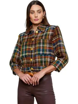 L'Agence Jia Cropped Tweed Jacket - Brown Multi Plaid