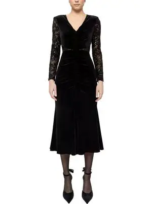 NISSA Lace Insert Velvet Midi Dress - Black