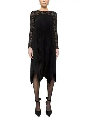NISSA Pleated Lace Panel Midi Dress - Black