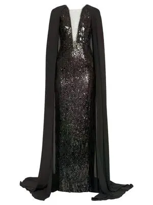 NISSA Sequined Cape Maxi Dress - Black