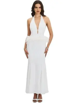 MISS CIRCLE Solene Pleated Halter Backless Faux Feather Trim Maxi Dress - White