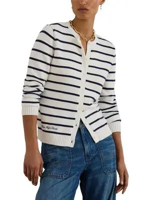 Ralph Lauren Combed Cotton Striped Cardigan - White/refined Navy