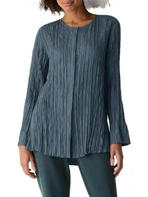 Eileen Fisher Crinkle Silk Button Down Top - Eucalyptus