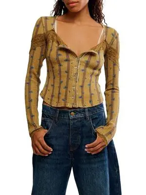Free People Floral Lace Trim Waffle Knit Button-up Top - Beehive Combo