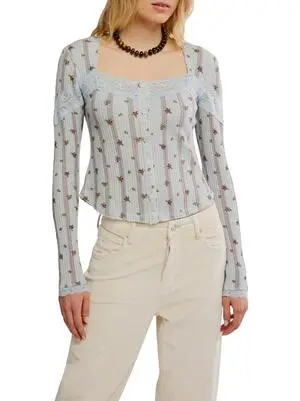 Free People Floral Lace Trim Waffle Knit Button-up Top - Pearl Blue Combo