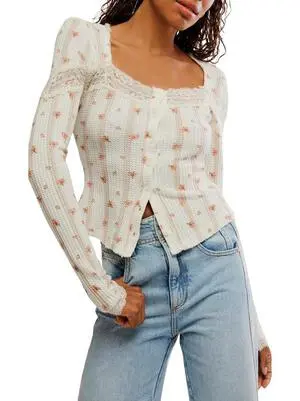 Free People Floral Lace Trim Waffle Knit Button-up Top - Tea Combo