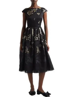 Erdem Floral Brocade Cap-sleeve Midi Dress - Black