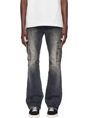 PURPLE BRAND Tinted Worn Flare Cargo Jeans - Black