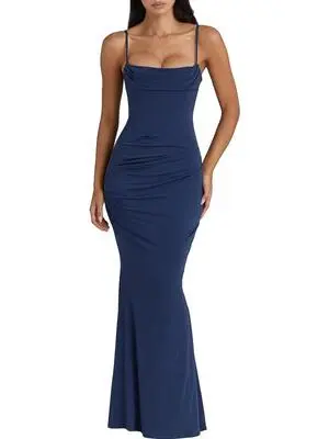 House Of Cb Milena Corset Trumpet Gown - Navy