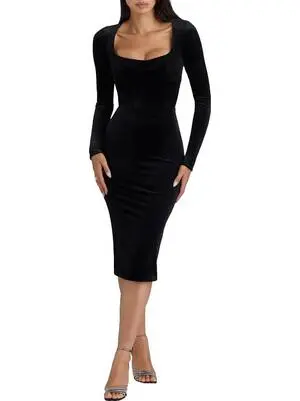 House Of Cb Asha Long Sleeve Velvet Dress - Black