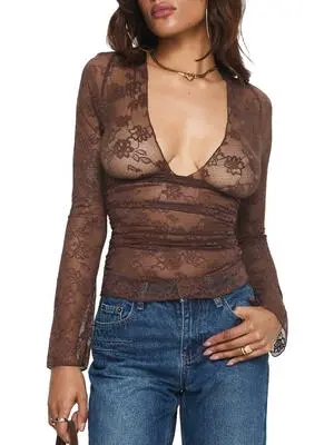 Princess Polly Nydia V-neck Lace Top - Chocolate