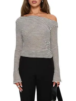 Princess Polly Synergies Stripe One-shoulder Top - Brown/white Stripe