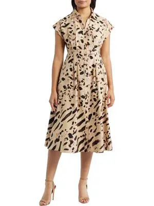 Julia Jordan Abstract Animal Print Stretch Cotton Midi Shirtdress - Brown Multi