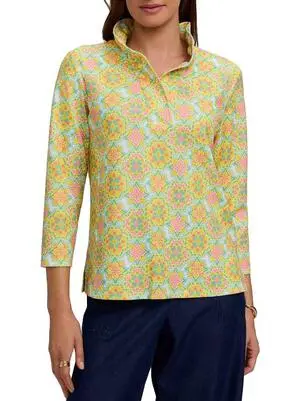 Foxcroft Tile Print Ruffle Collar Top Multi