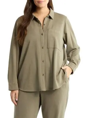 Eileen Fisher Organic Cotton Terry Button-up Shirt - Bay Leaf