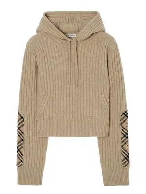 Burberry Check Patch Wool Cashmere Hoodie - Light Brown Melange