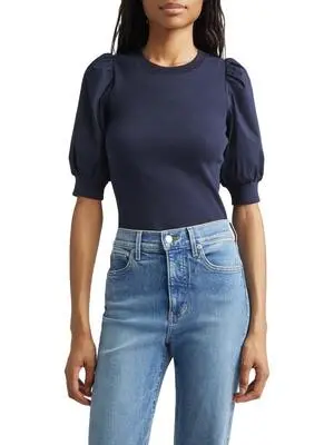 Veronica Beard Coralee Mixed Media Puff Sleeve Top - Navy