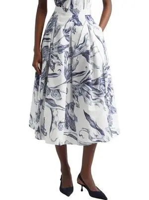 Erdem Printed Pleated Cotton Midi Skirt - Botanical Engraving Ivory