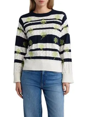 Wit & Wisdom Embroidered Stripe Pointelle Sweater - Off White/navy Multi