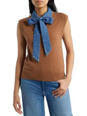 Wit & Wisdom Mixed Media Sleeveless Sweater With Removable Bow - Sahara Sand/blue