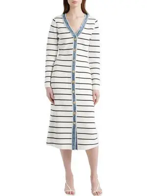ZOE AND CLAIRE Striped Long-sleeve Sweater Dress - Ivory Denim