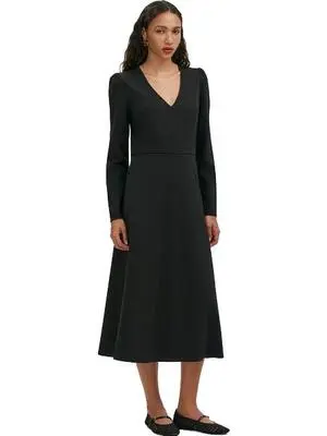 FINERY LONDON Seraphina Ponte Jersey V Neck Midi Dress - Black