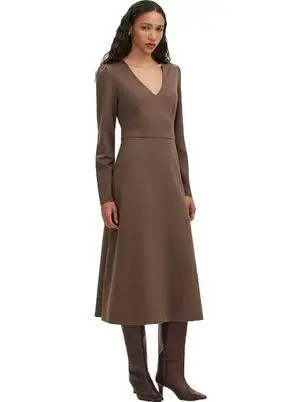 FINERY LONDON Seraphina Ponte Jersey V Neck Midi Dress - Mole