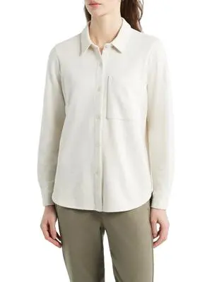 Eileen Fisher Classic Collar Organic Cotton French Terry Button-up Shirt - Bone