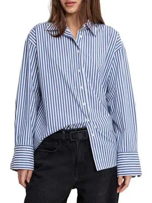Good American Oversize Cotton Poplin Shirt - Indigo Stripe