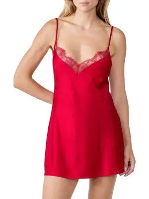 ETAM Eyelash Lace Trim Stretch Satin Chemise - Red